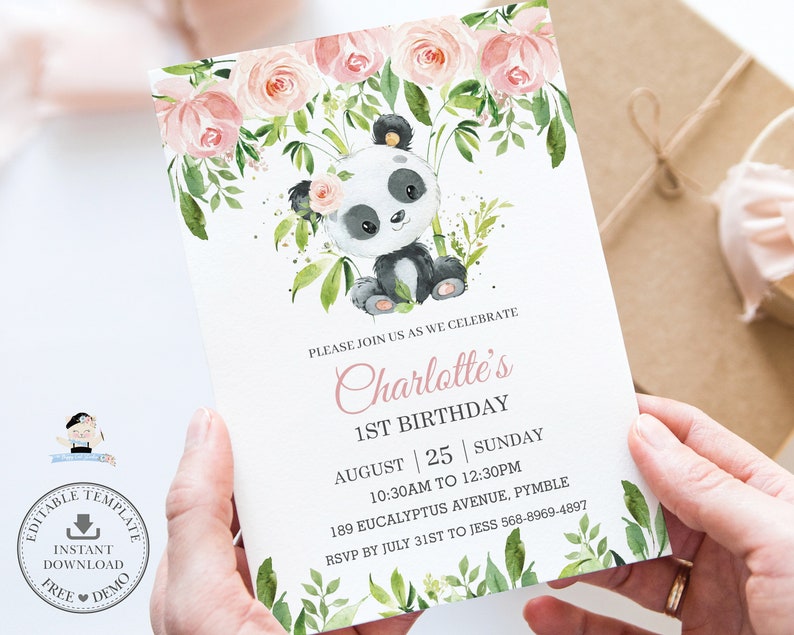 Cute Panda Birthday Invitation EDITABLE TEMPLATE Pink Floral | Etsy