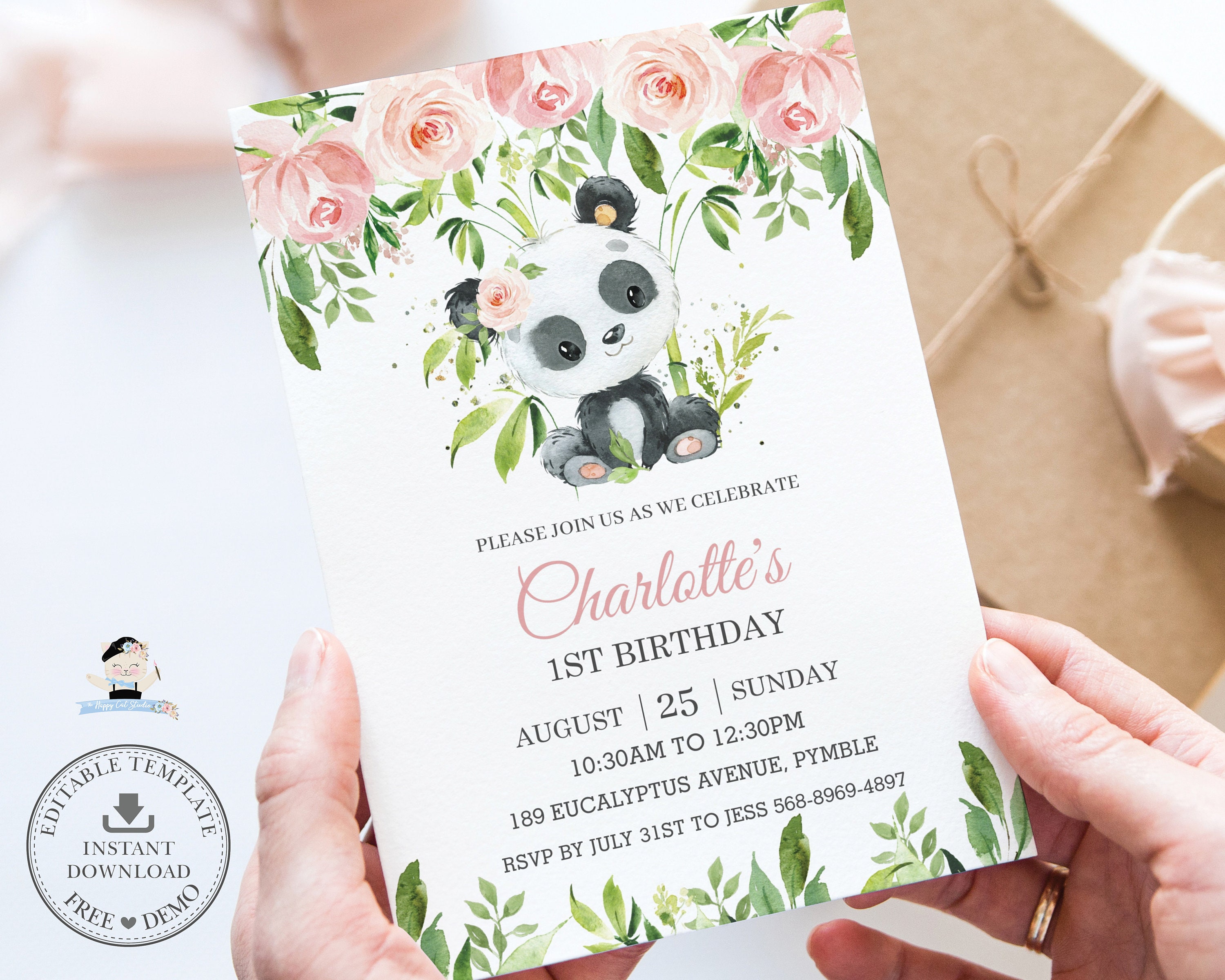 Invitations flowers blush pink girls invite animals pandas 4th Birthday ...