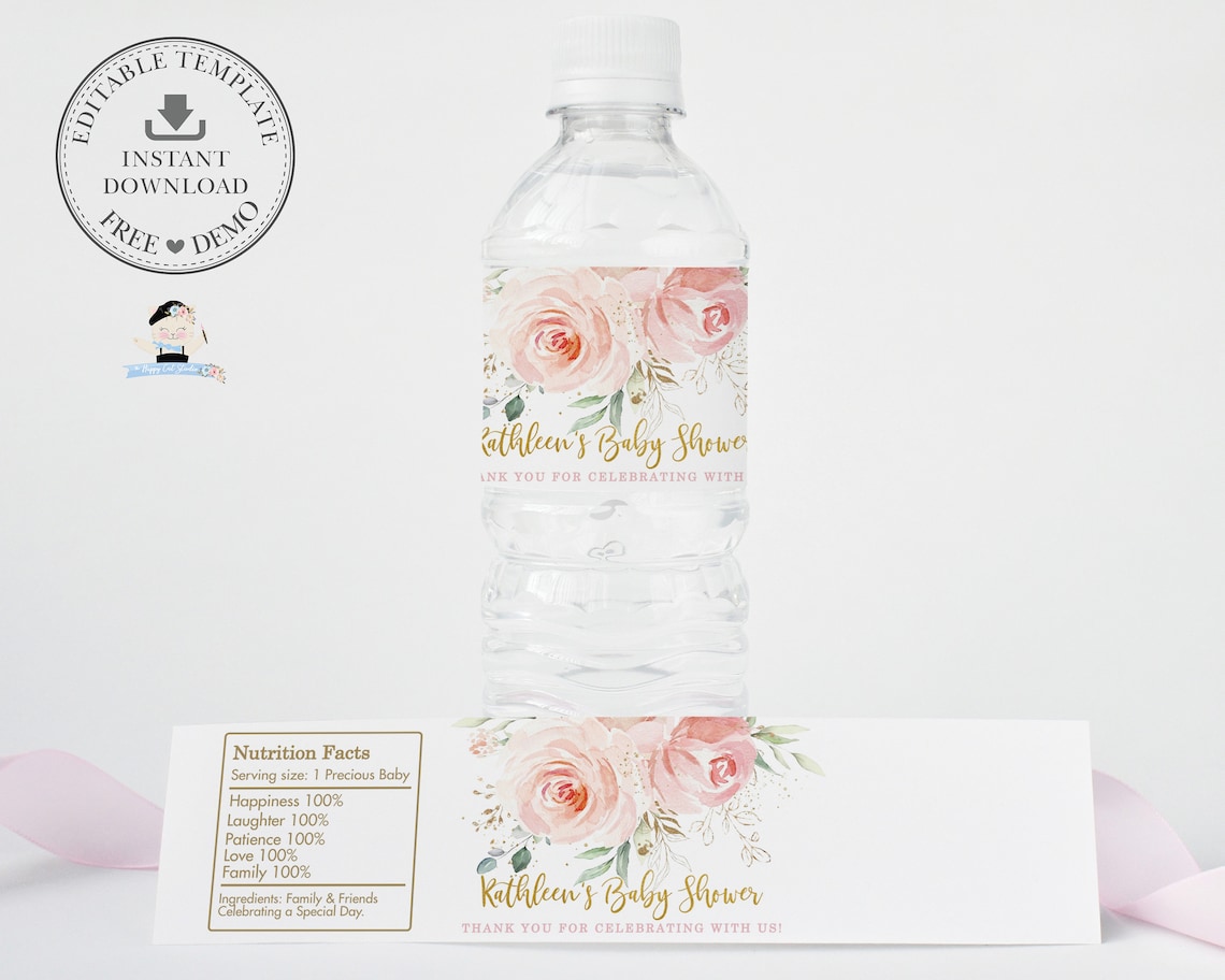 Blush Floral Water Bottle Labels, EDITABLE TEMPLATE, Pink Roses Flowers ...