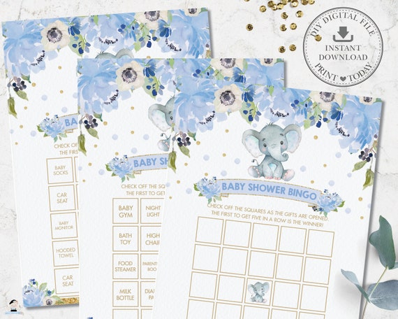Elephant Baby Bingo, INSTANT DOWNLOAD, Pre-filled, Blue Floral Gold ...
