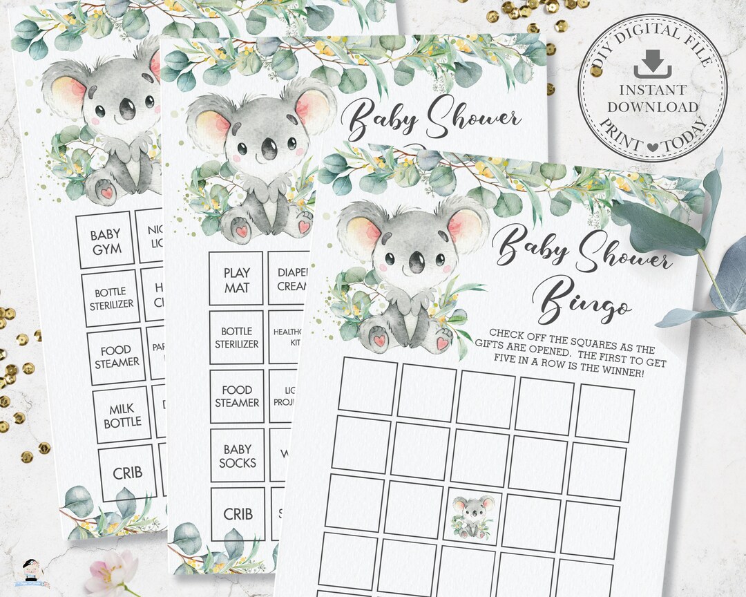 Koala Baby Shower Bingo Game, Pre-filled Blank Cards, Australian ...