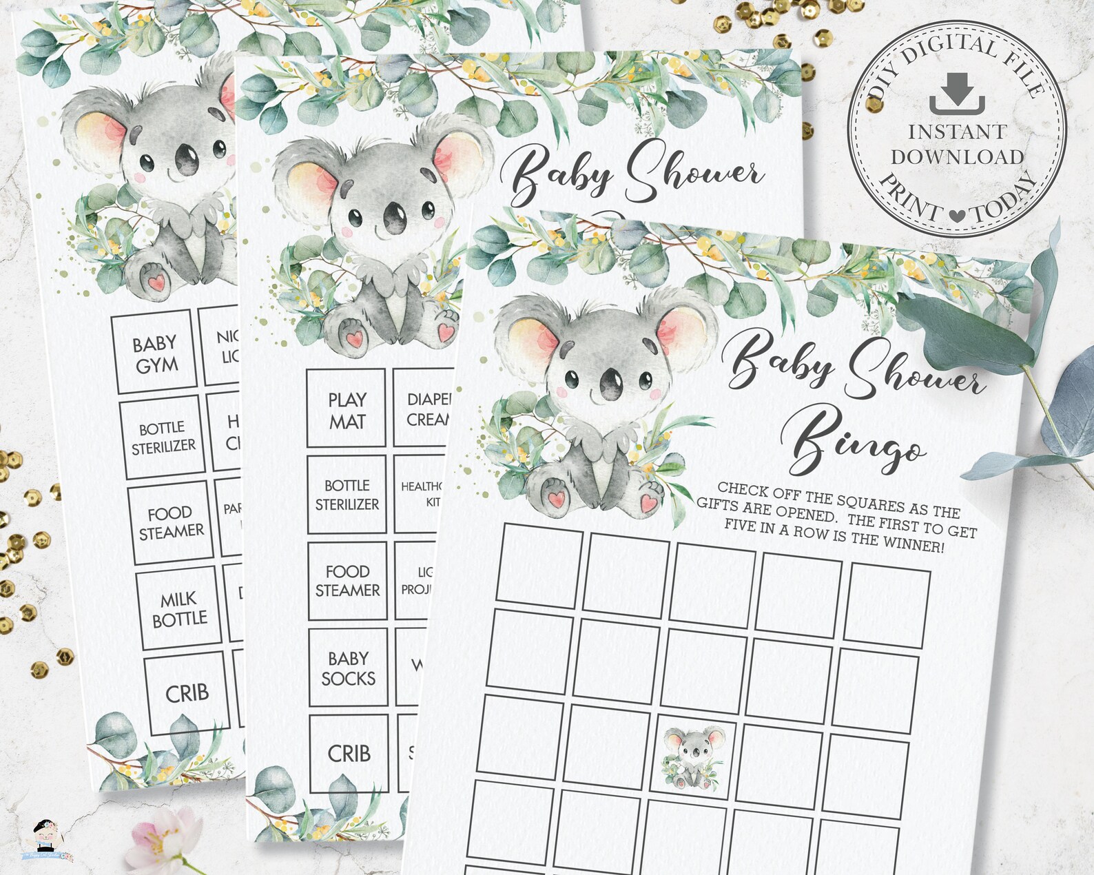 Koala Baby Shower Bingo Game, Pre-filled Blank Cards, Australian ...