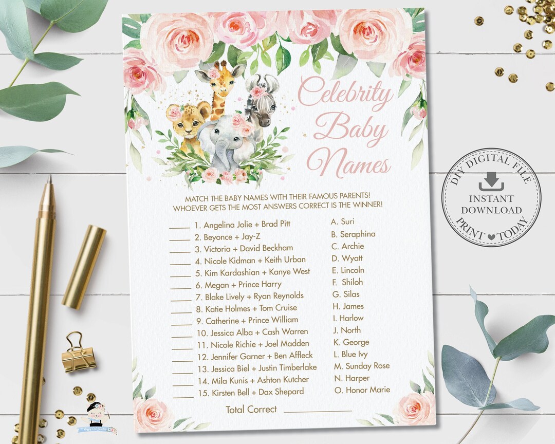 Fun Celebrity Baby Names Game, INSTANT DOWNLOAD, Chic Pink Floral ...