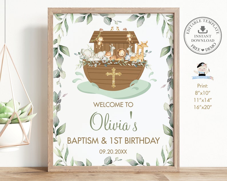 Noah's Ark Welcome Sign, EDITABLE TEMPLATE, Chic Greenery Noahs Ark ...