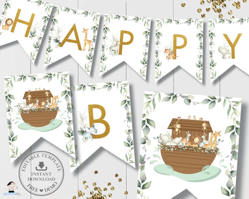 Noah's Ark Flag Banner EDITABLE TEMPLATE Chic Greenery - Etsy