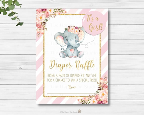 Elephant Diaper Raffle, Ticket, Card, Printable, Baby Shower Girl ...