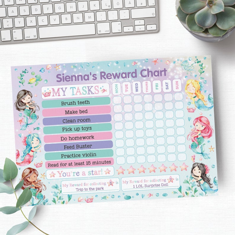 Mermaid Reward Chart, EDITABLE TEMPLATE, Chore, Potty Training ...