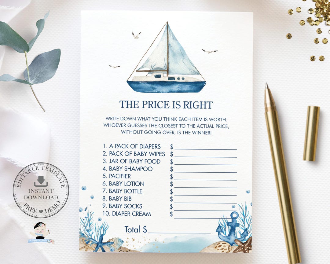 EDITABLE TEMPLATE the Price is Right Baby Shower Game, Nautical Blue ...