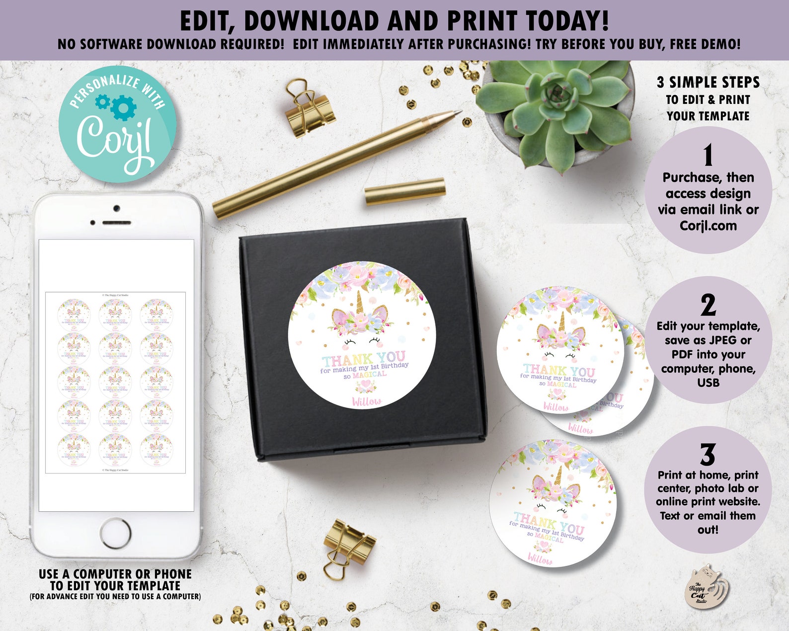 Unicorn 2 Round Labels EDITABLE TEMPLATE Pink Floral | Etsy