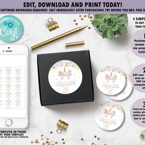 Unicorn 2" Round Labels, EDITABLE TEMPLATE, Pink Floral Circle Cupcake ...