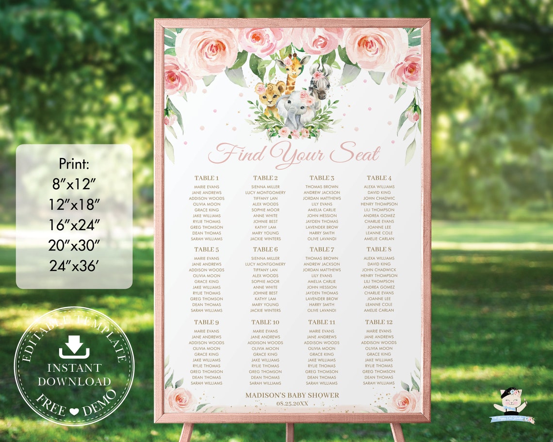 Jungle Animals Seating Chart Sign EDITABLE TEMPLATE Pink - Etsy