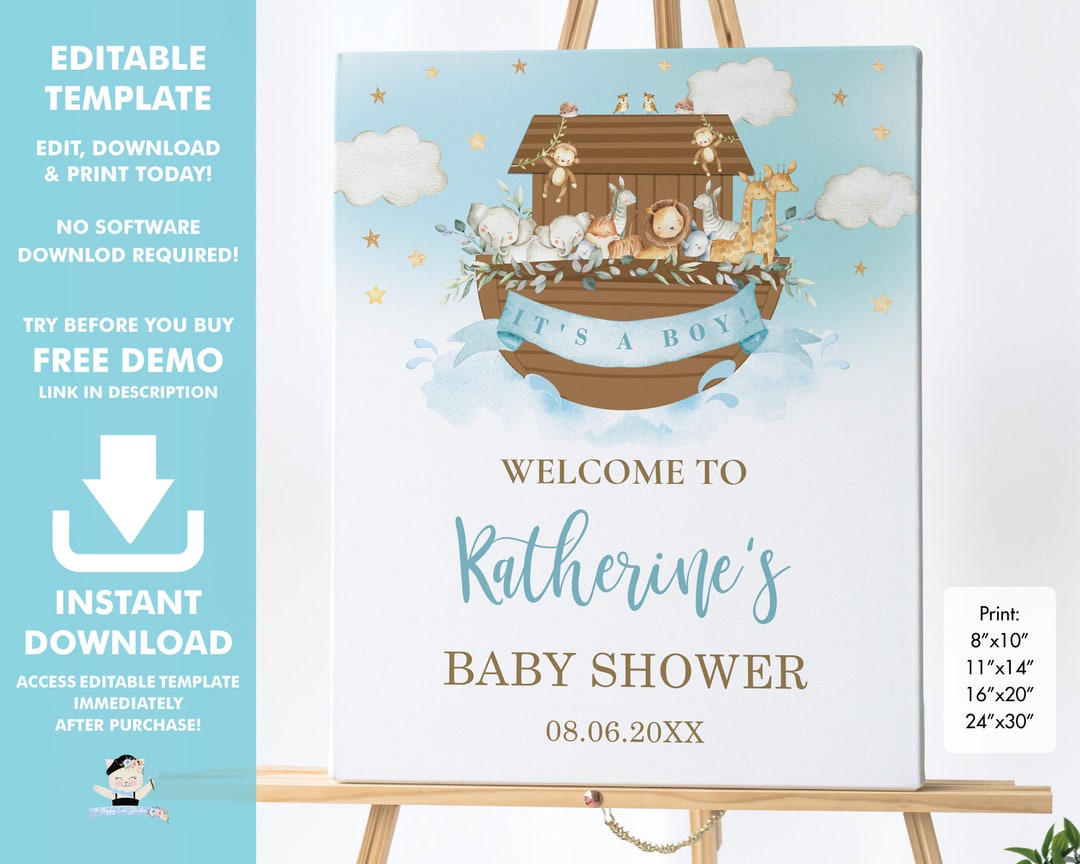Noah's Ark Welcome Sign, EDITABLE TEMPLATE, Blue Boy Noahs Ark Cute ...