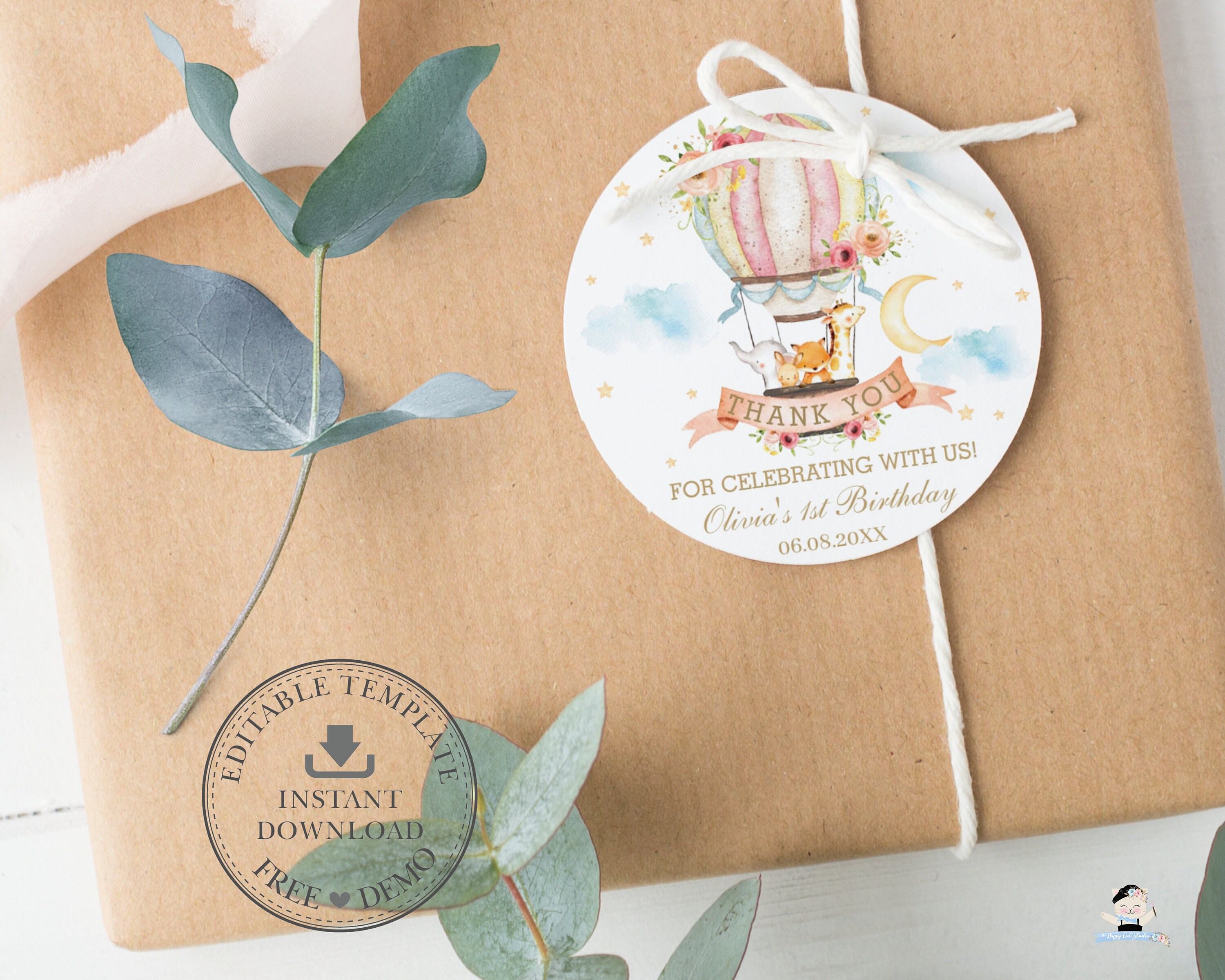 EDITABLE TEMPLATE Hot Air Balloon Cute Animals 2" Circle Label, Thank ...