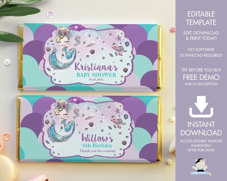 Mermaid Chocolate Bar Wrapper EDITABLE TEMPLATE Aldi | Etsy