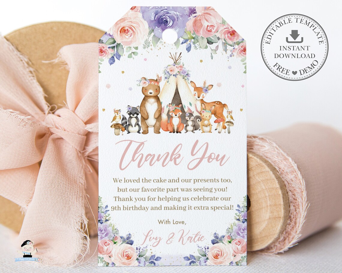 Woodland Animals Thank You Favor Tags Printable EDITABLE - Etsy