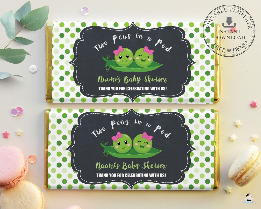 EDITABLE Template, Twins Two Peas in a Pod Baby Shower Chocolate Bar ...