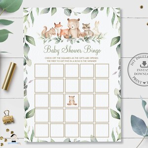 Woodland Animals Baby Bingo Printable, INSTANT DOWNLOAD, Pre-filled ...