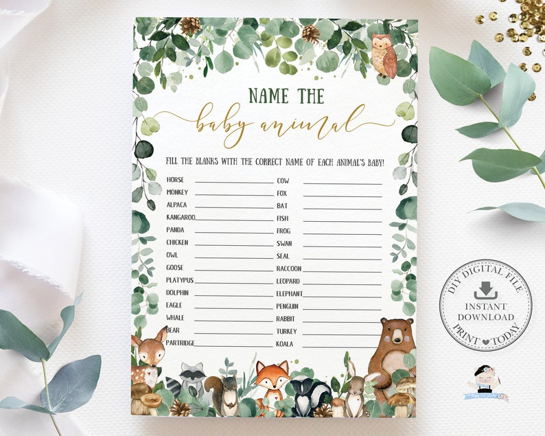 Name the Baby Animal Game, INSTANT DOWNLOAD, Greenery Woodland Animals ...