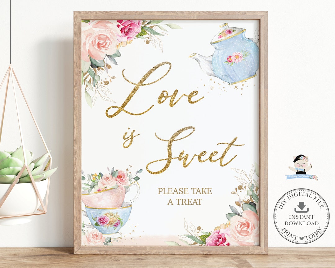 Love is Sweet Sign INSTANT DOWNLOAD Chic Vintage Tea Cups Teapot Pink ...