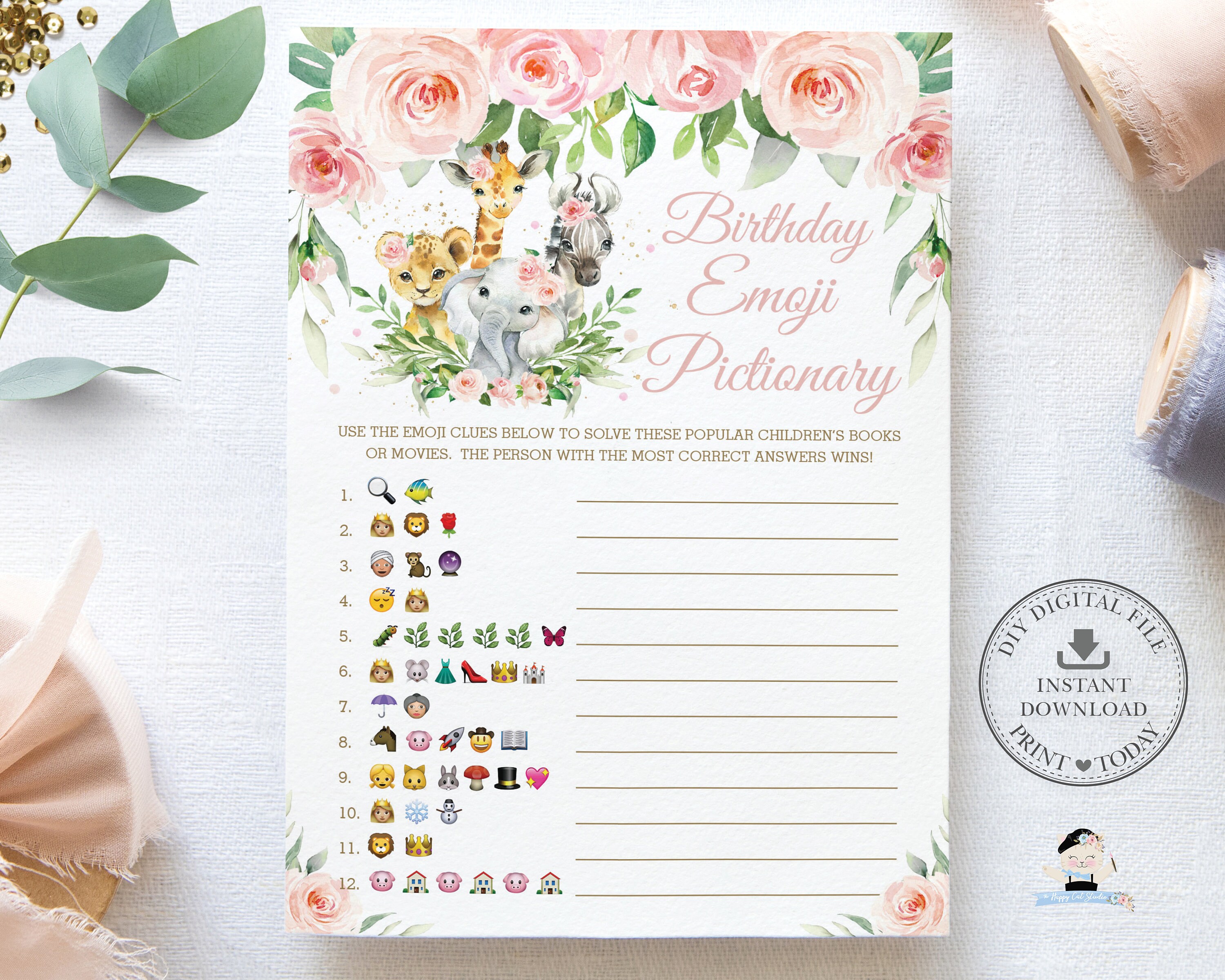 Birthday Emoji Pictionary Game INSTANT DOWNLOAD Pink Floral - Etsy India