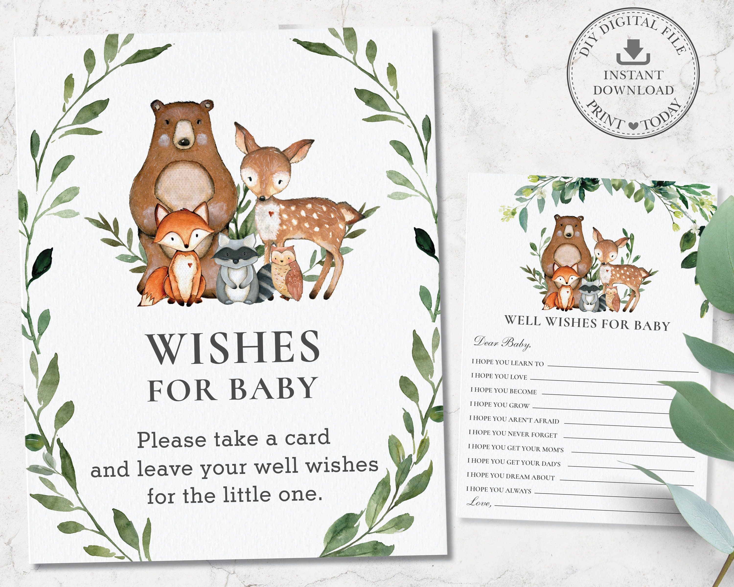 Woodland Wishes for Baby Card and 8x10 Sign | Etsy