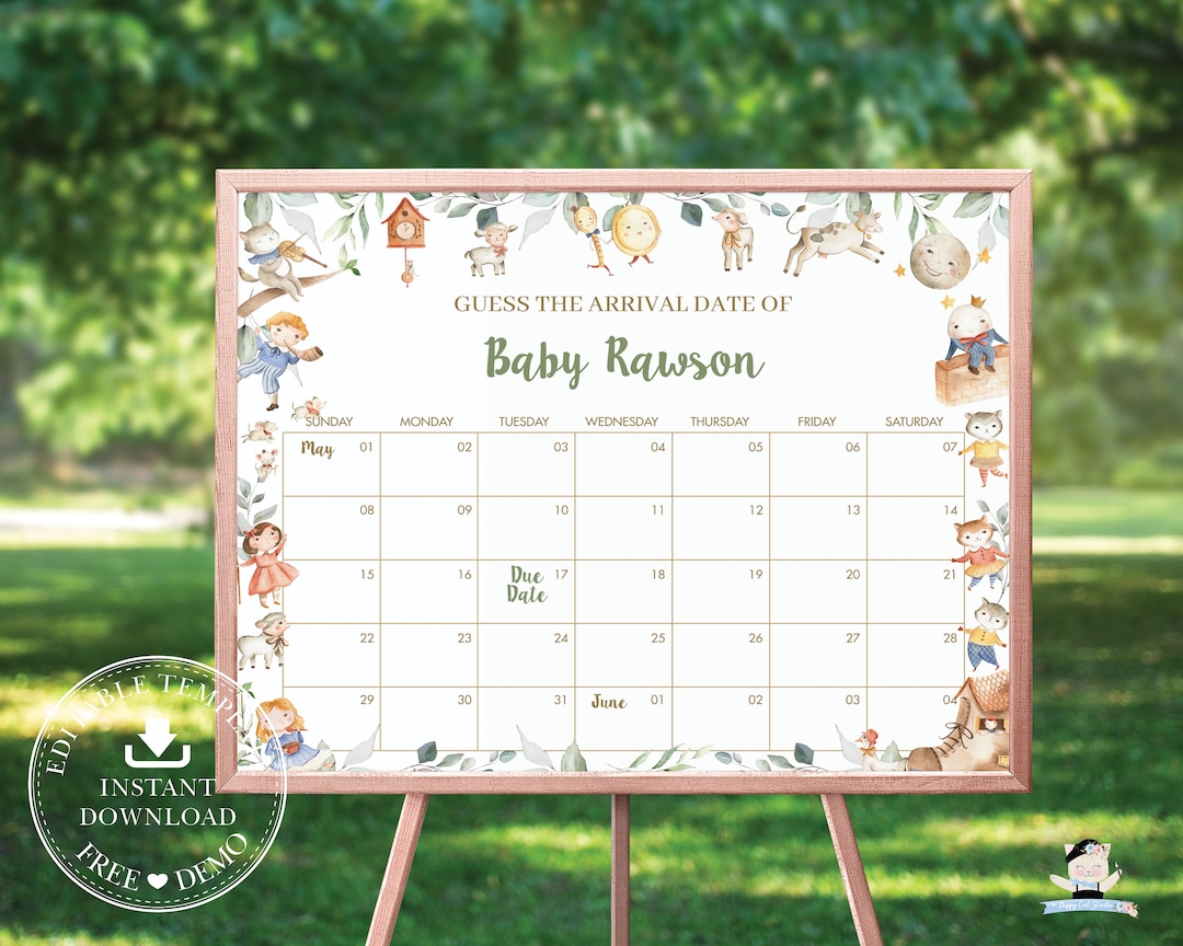 Guess Baby's Due Date Calendar Game, EDITABLE TEMPLATE, Cute Nursery ...