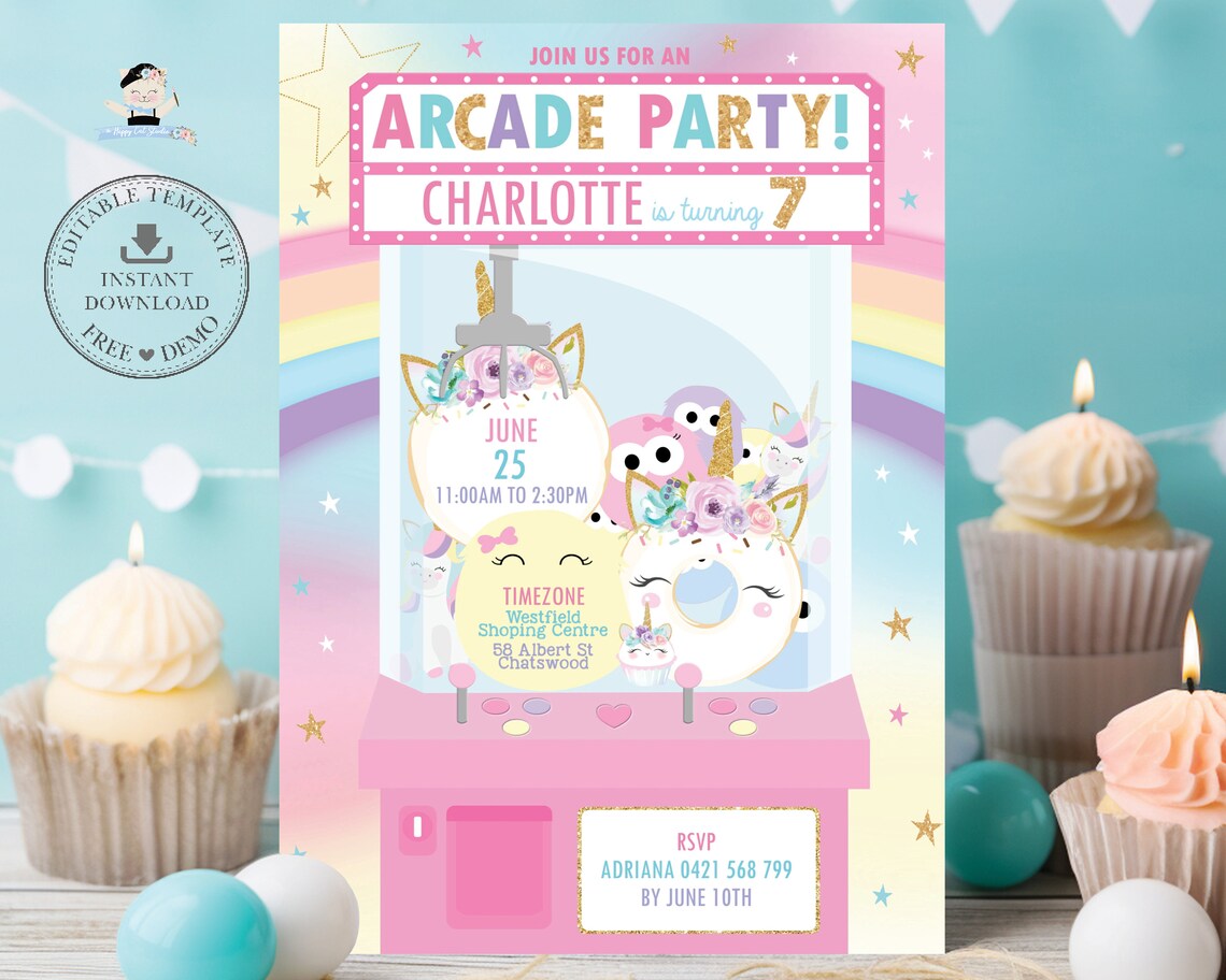 EDITABLE TEMPLATE Arcade Party Birthday Invitation Pink Claw Machine ...