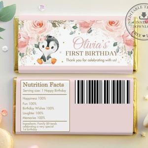 Cute Penguin Blush Floral Chocolate Bar Wrappers EDITABLE TEMPLATE ...