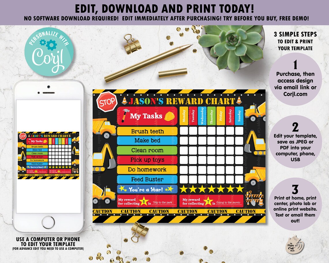 EDITABLE Template Construction Reward Chart Digital | Etsy