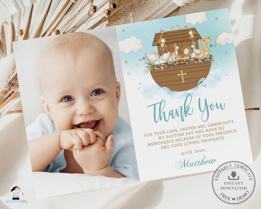 Noah's Ark Baptism Christening Photo Thank You, EDITABLE TEMPLATE, Chic ...