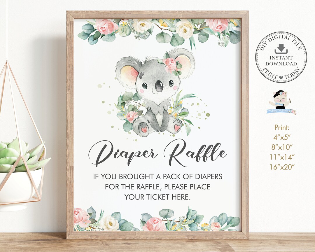 Koala Diaper Raffle Sign, INSTANT DOWNLOAD, Australian Pink Floral ...