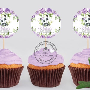 EDITABLE TEMPLATE Cute Panda Bear 2" Circle Tags Purple Floral Greenery ...