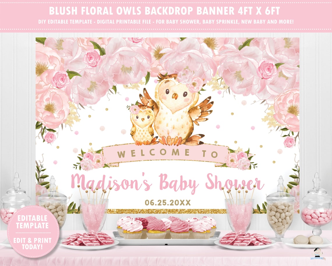 Owl Backdrop Banner, EDITABLE TEMPLATE, Chic Pink Floral Mommy and Baby ...