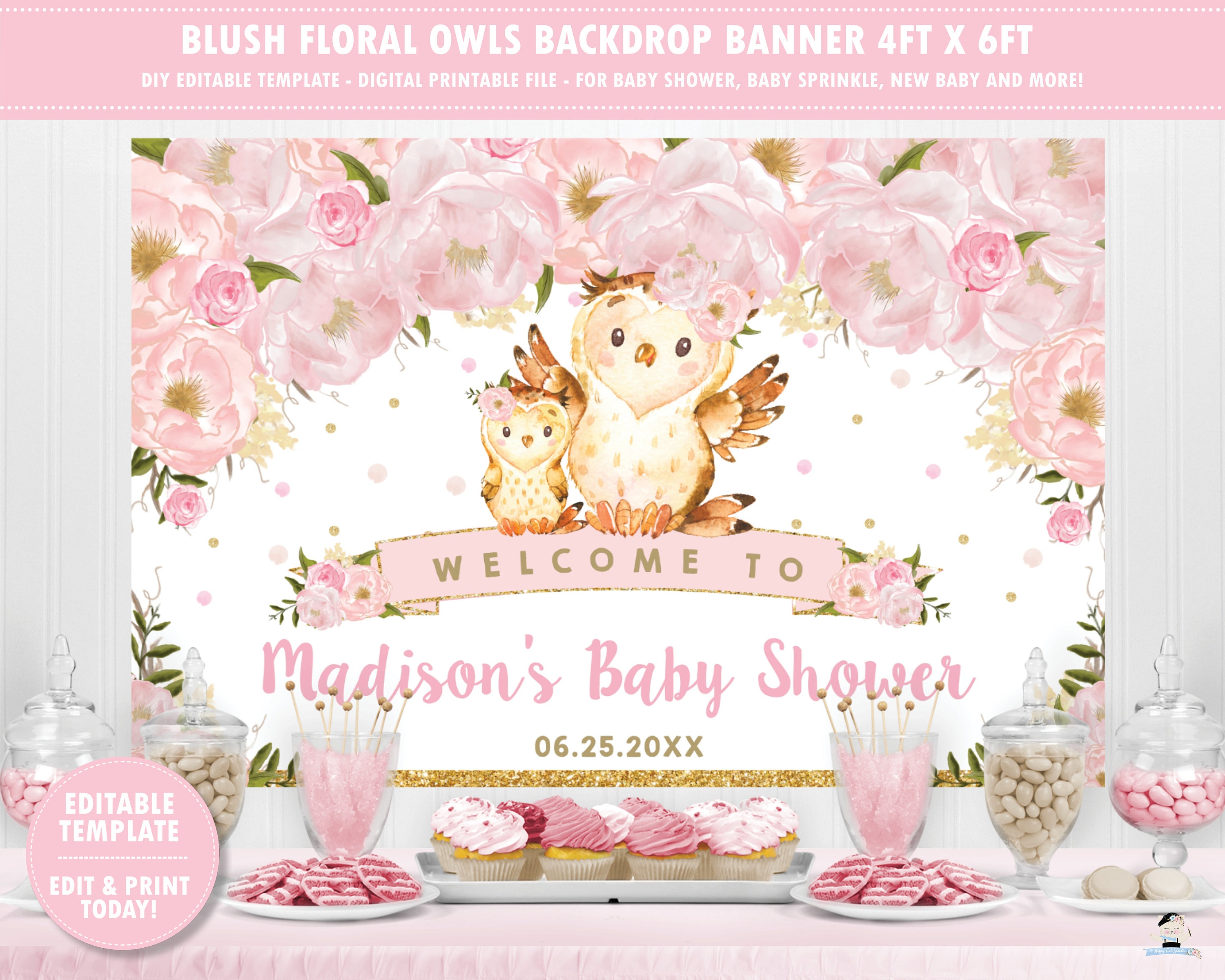 Owl Backdrop Banner, EDITABLE TEMPLATE, Chic Pink Floral Mommy and Baby ...