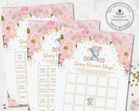 Elephant Baby Bingo, INSTANT DOWNLOAD, Pre-filled, Chic Blush Pink ...