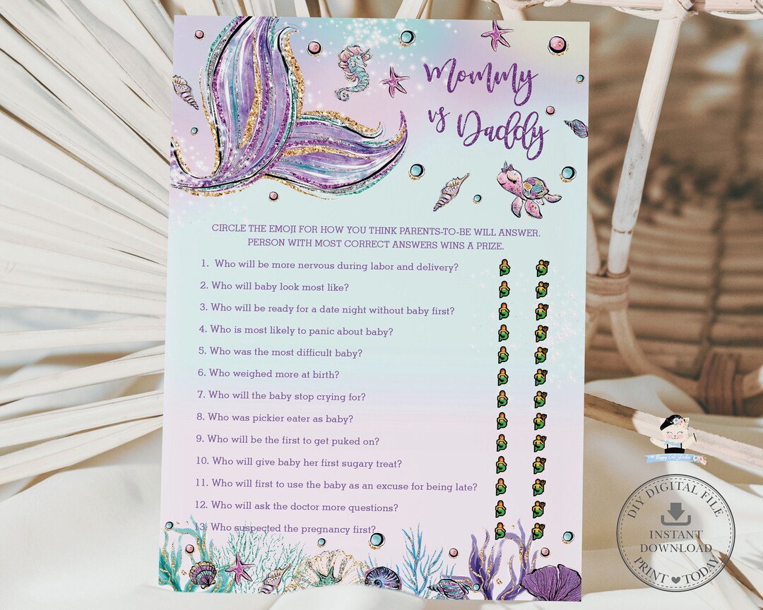 Mermaid Guess Who Mommy Versus Daddy, Mermaid Tail Baby Shower Game ...