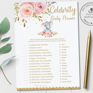 Celebrity Baby Names Game, INSTANT DOWNLOAD, Chic Gold Blush Pink ...
