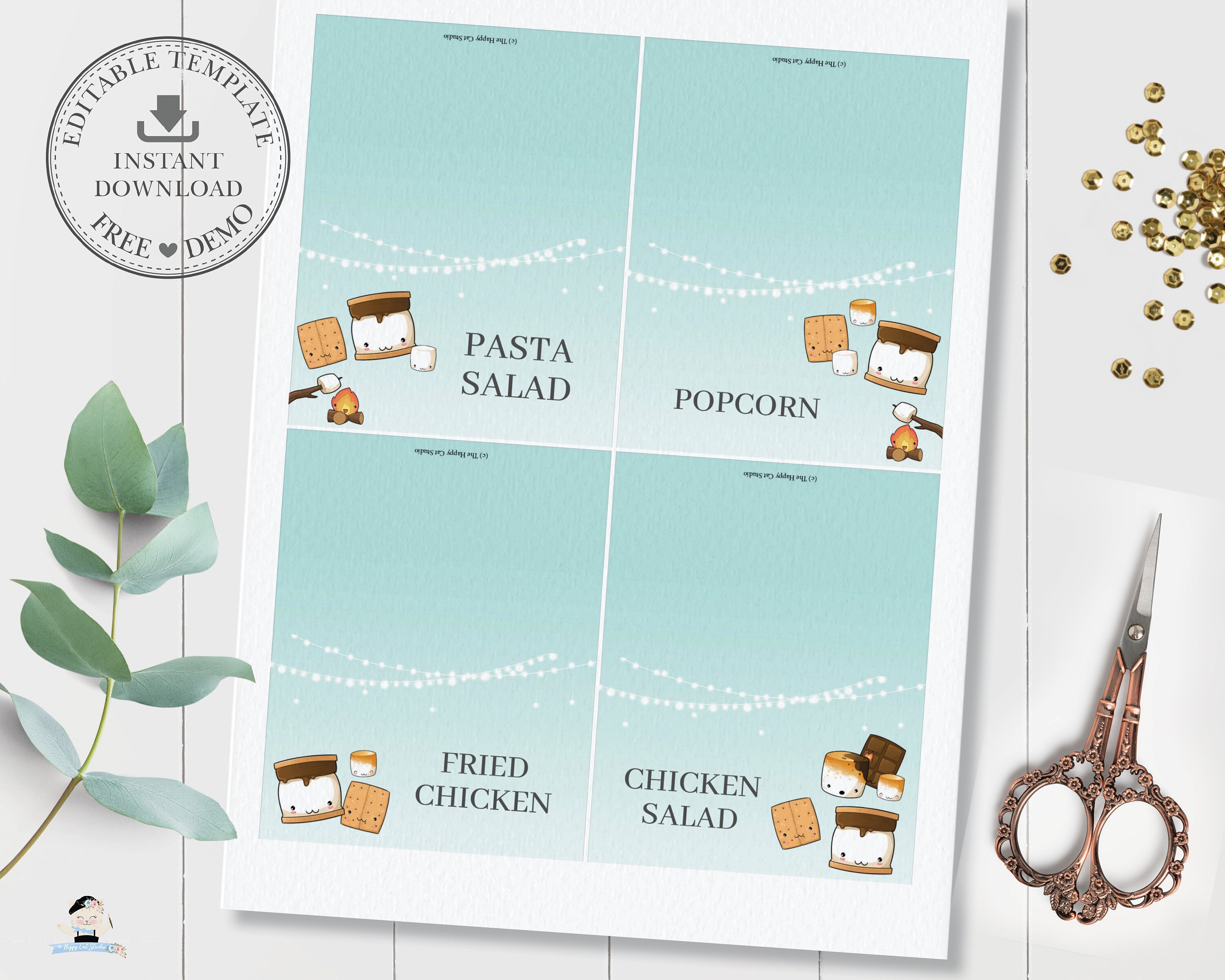 EDITABLE TEMPLATE S'mores Food Tents Printable, Cute Kawaii Smore Place ...