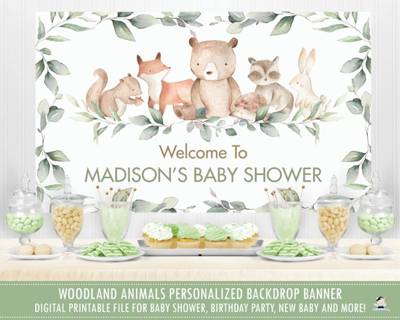 Woodland Animals Birthday Party Baby Shower Backdrop Banner, Bear Fox ...