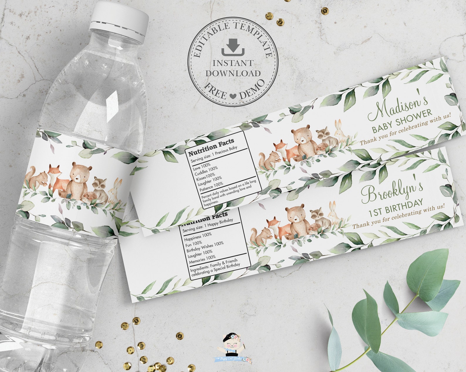 Woodland Animals Water Bottle Labels, EDITABLE TEMPLATE, Bear Greenery ...
