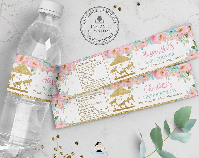 Carousel Water Bottle Label, Carousel Birthday, Carousel Party ...