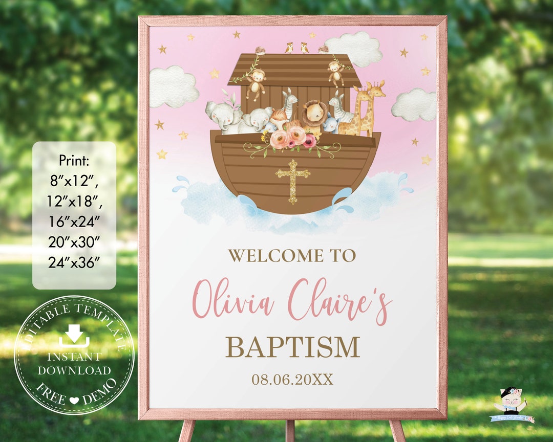 Noah's Ark Welcome Sign, EDITABLE TEMPLATE, Pink Noahs Ark Cute Animals ...