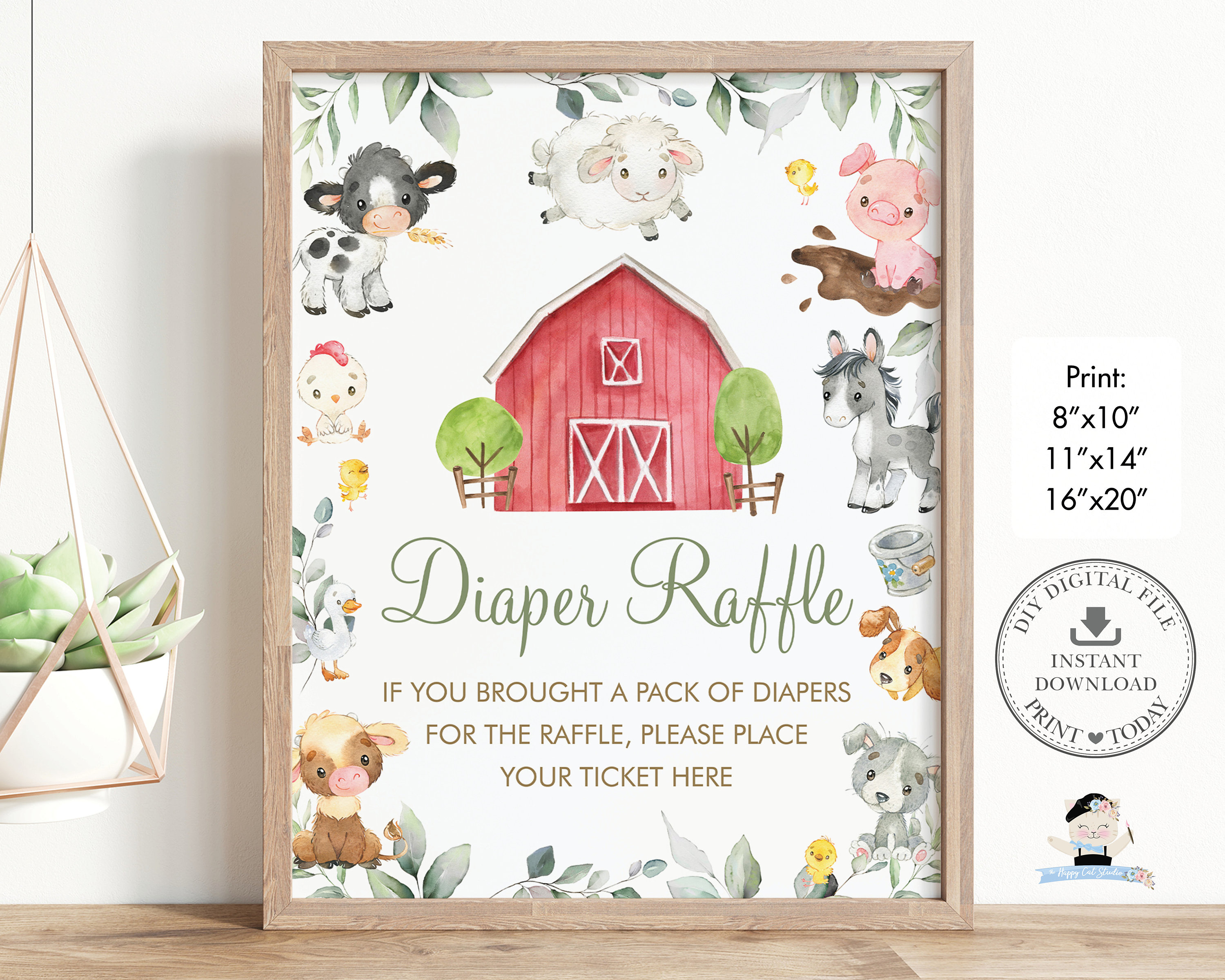 Diaper Raffle Sign, INSTANT DOWNLOAD, Greenery Farm Animals Barnyard ...