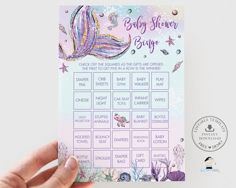 EDITABLE TEMPLATE, Whimsical Mermaid Baby Shower Bingo Game Printable ...