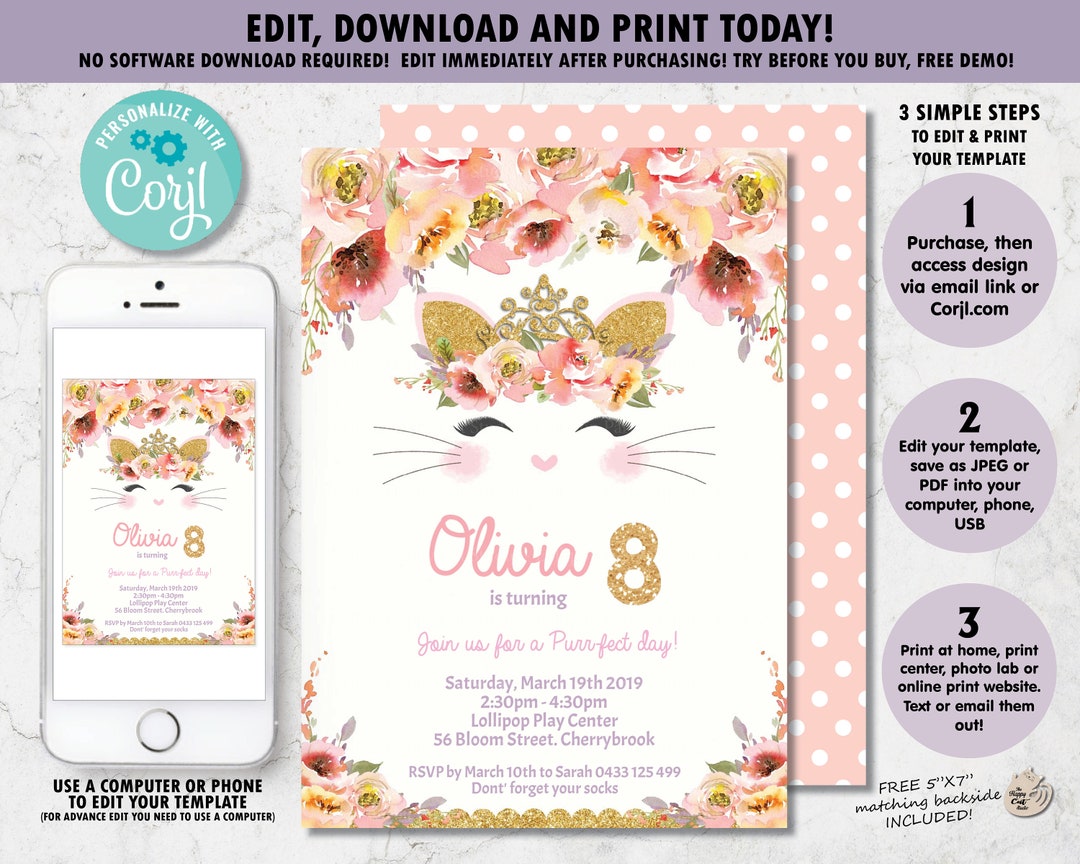 Cat Invitation, Cute Kitty Invitation Instant Download, Princess Kitty ...