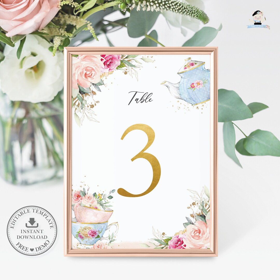 Blush Pink Floral High Tea Party Table Number Printable Sign, EDITABLE ...