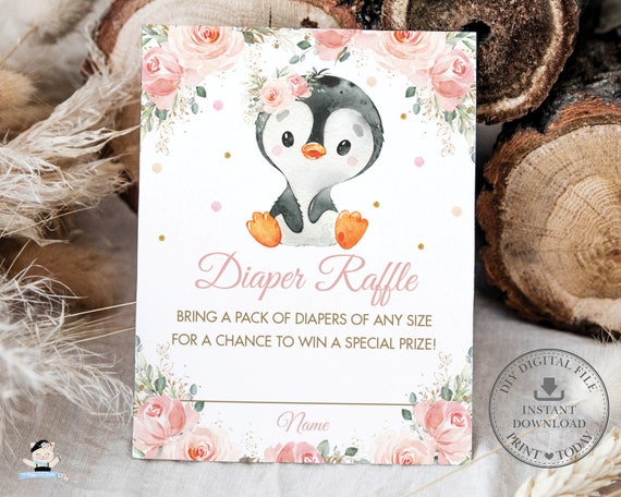 Cute Penguin Diaper Raffle Card Chic Antartic Winter Pastel Blush Pink ...