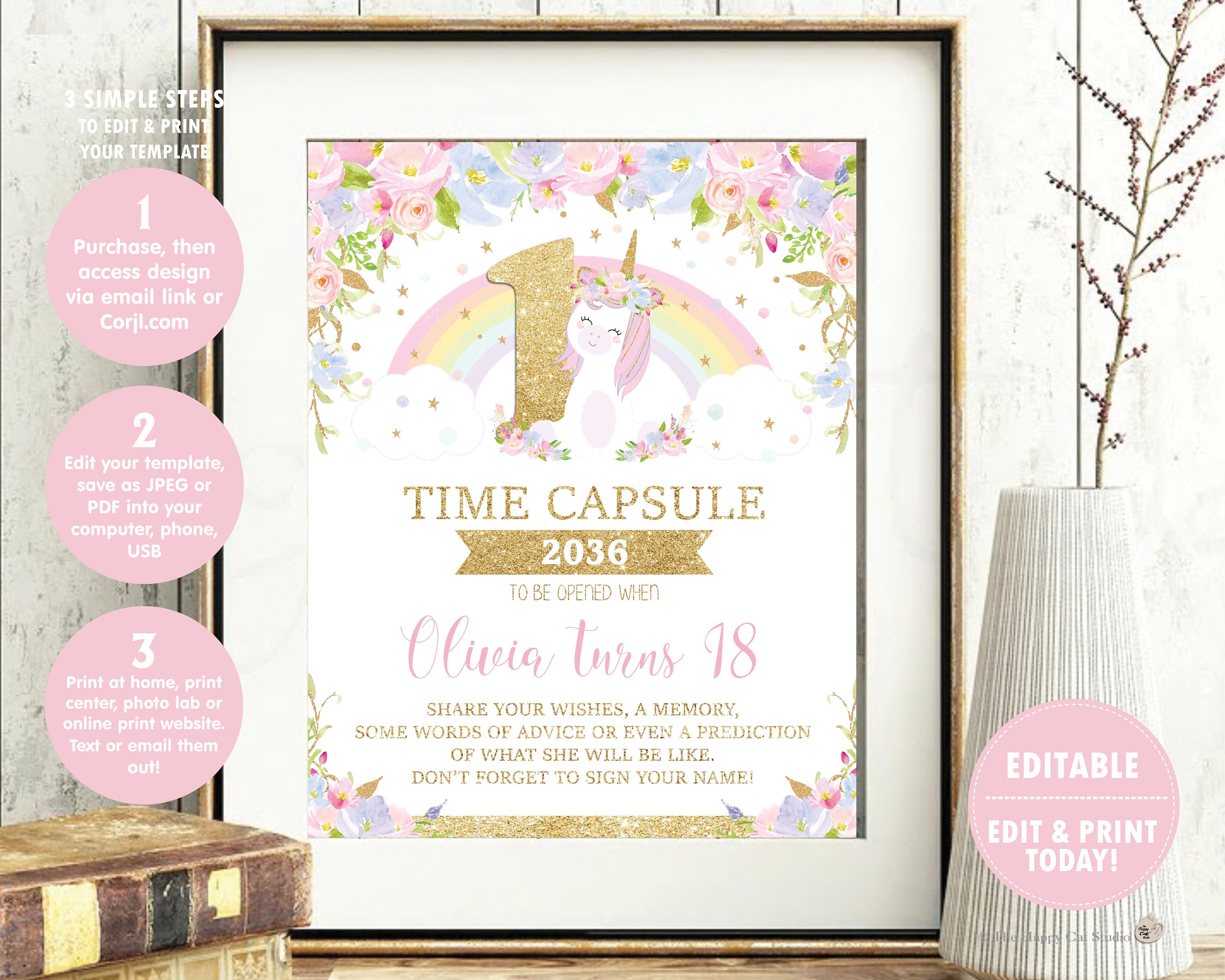 Unicorn Time Capsule Poster Sign and Message Card, 1st First Birthday ...