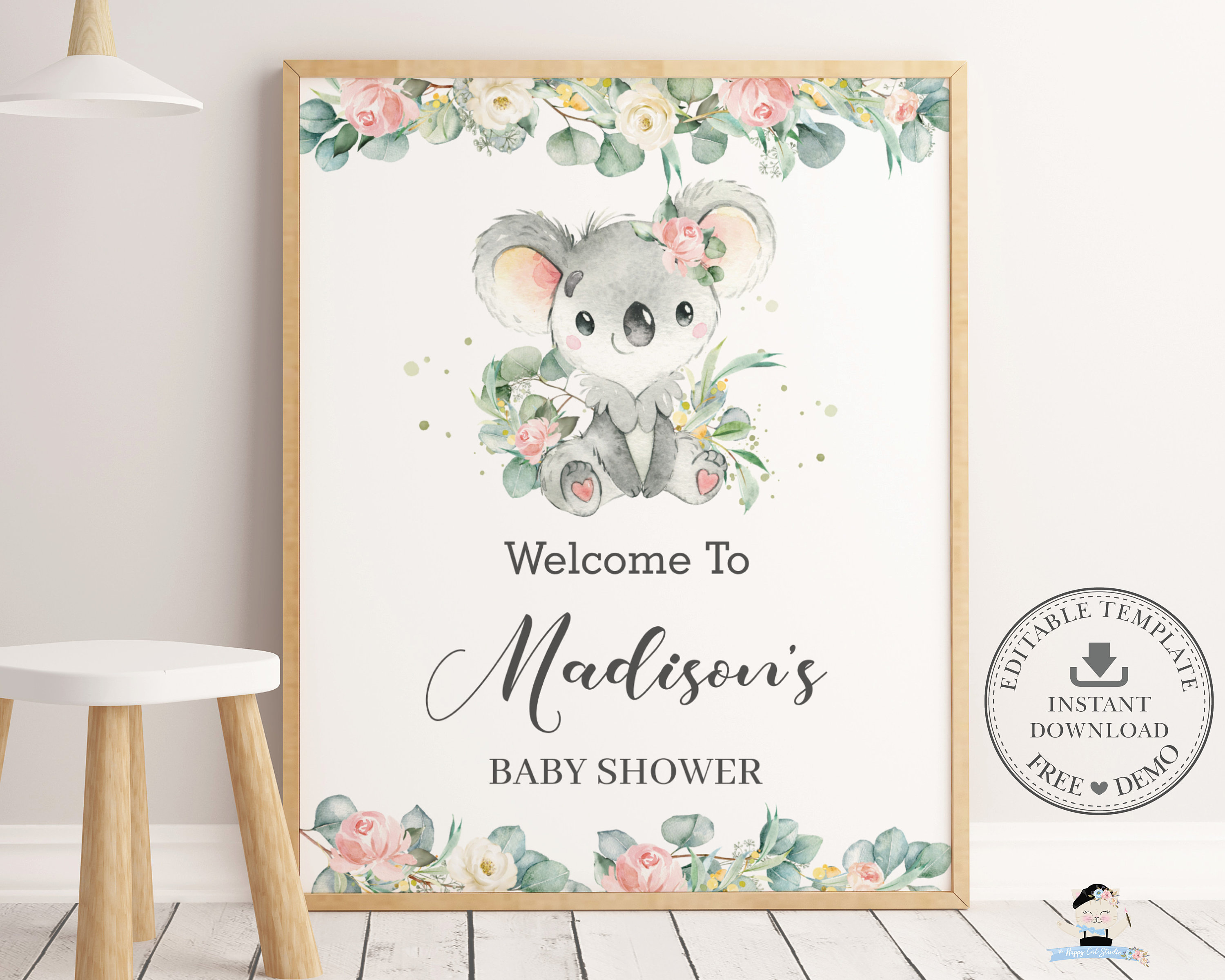 Cute Koala Welcome Sign, EDITABLE TEMPLATE, Floral Greenery Eucalyptus ...