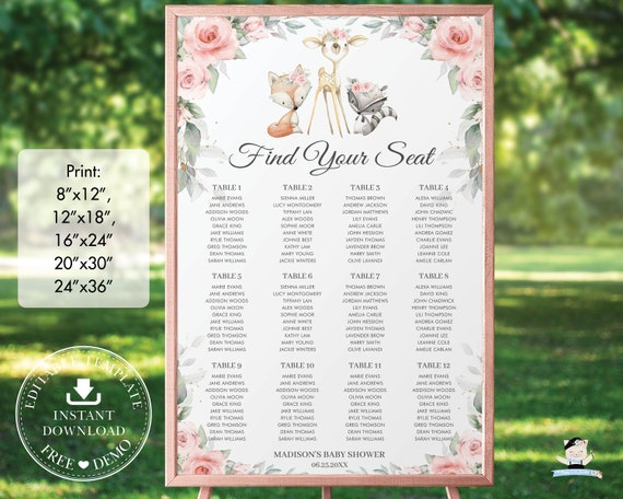 Woodland Seating Chart Printable EDITABLE TEMPLATE Forest Animals Baby ...